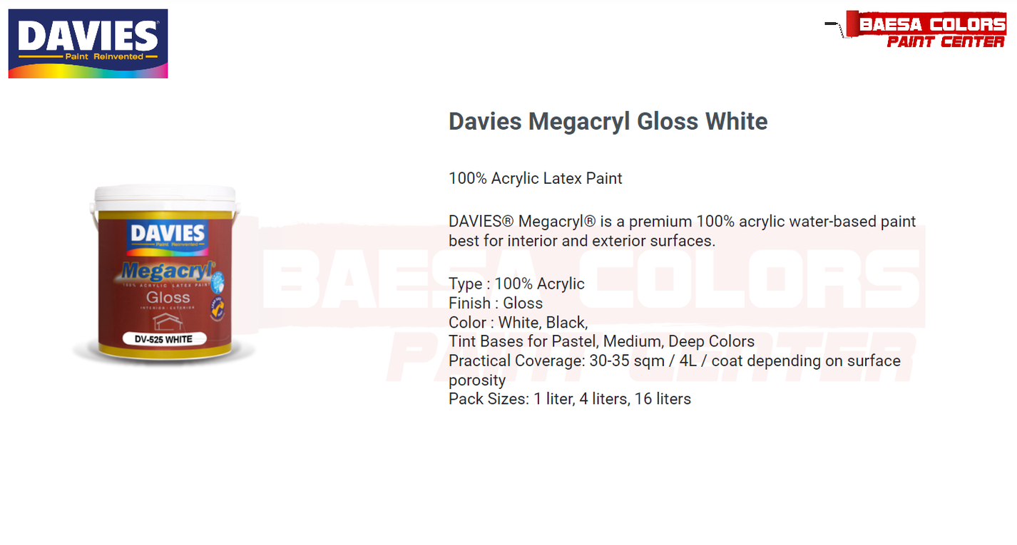 DAVIES® MEGACRYL® LATEX WHITE – BAESA COLORS PAINT CENTER