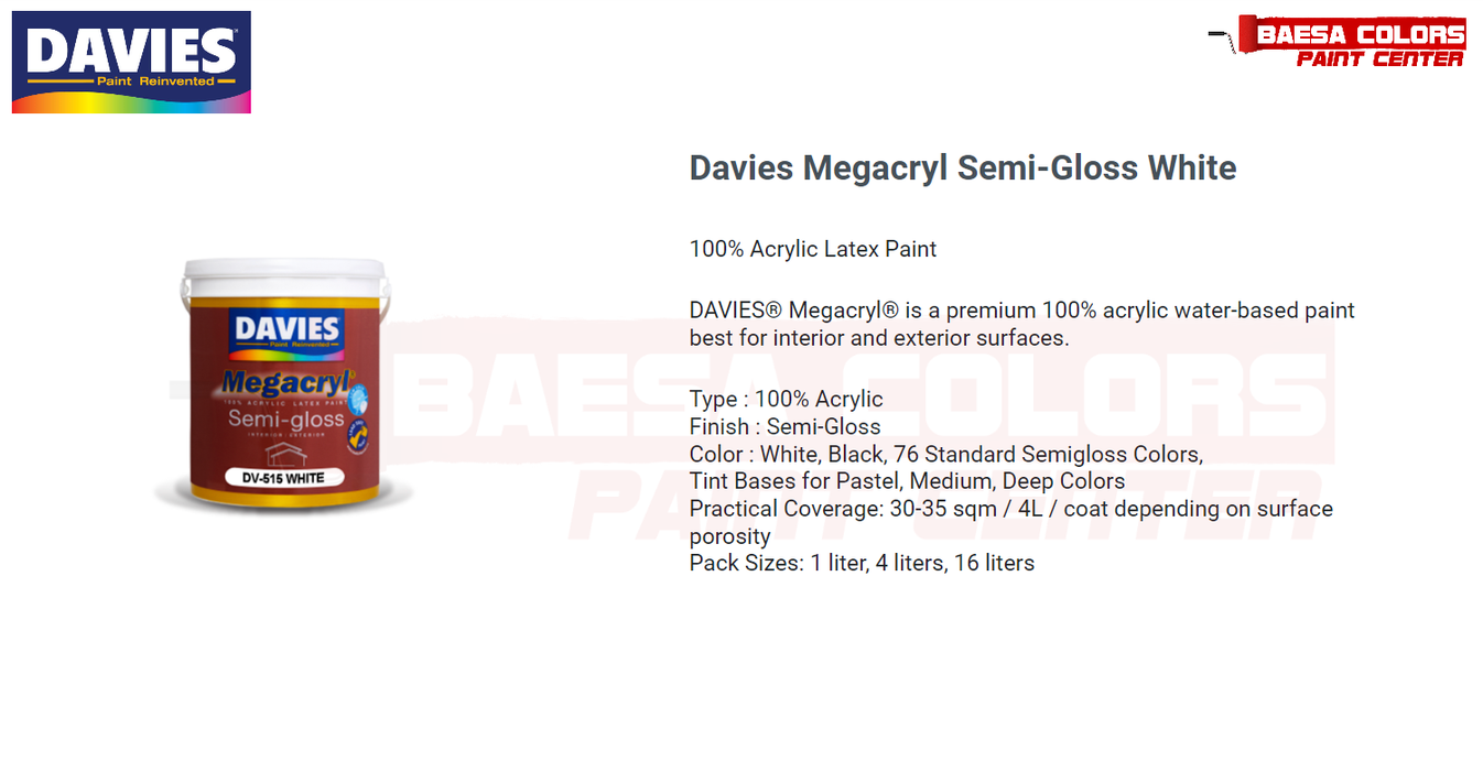 DAVIES® MEGACRYL® LATEX WHITE – BAESA COLORS PAINT CENTER