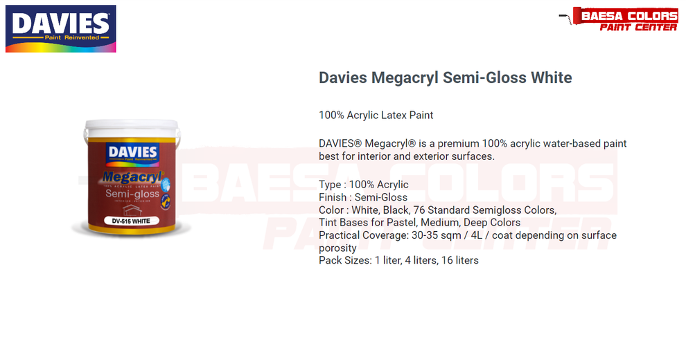 DAVIES® MEGACRYL® LATEX WHITE – BAESA COLORS PAINT CENTER